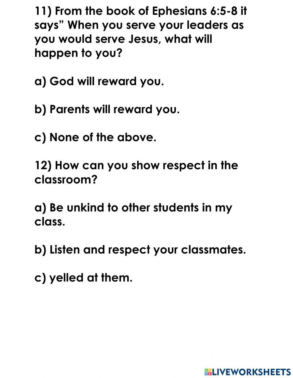 Bible grade 2 quiz no. 6 worksheet | Live Worksheets
