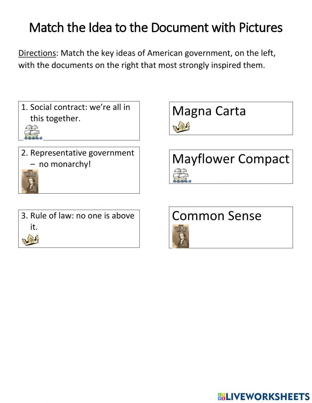 Unit 2A Match the Idea to the Founding Document worksheet | Live Worksheets