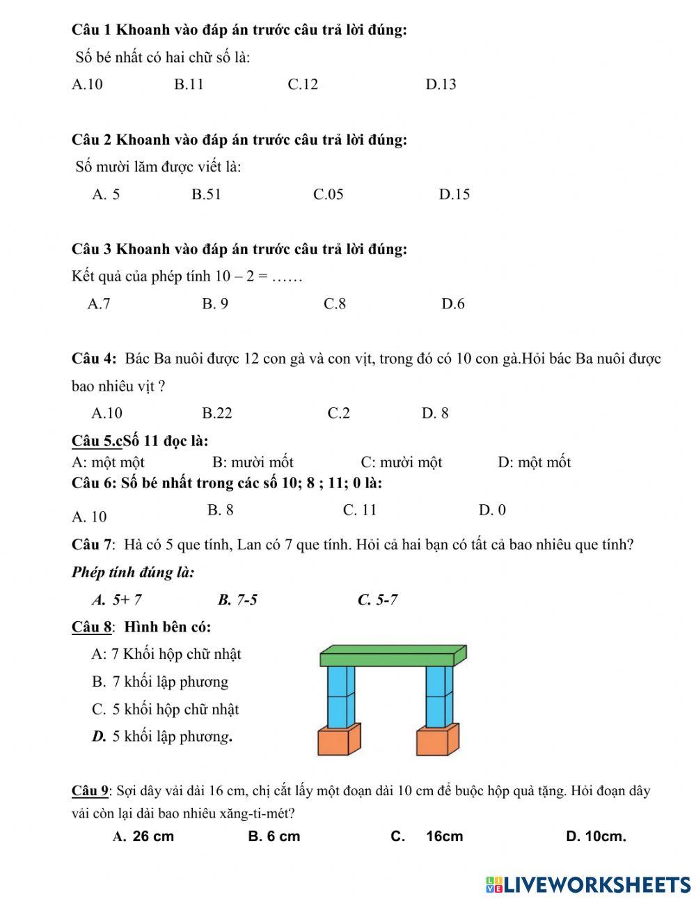 Đề 1 - Lớp 1B worksheet | Live Worksheets