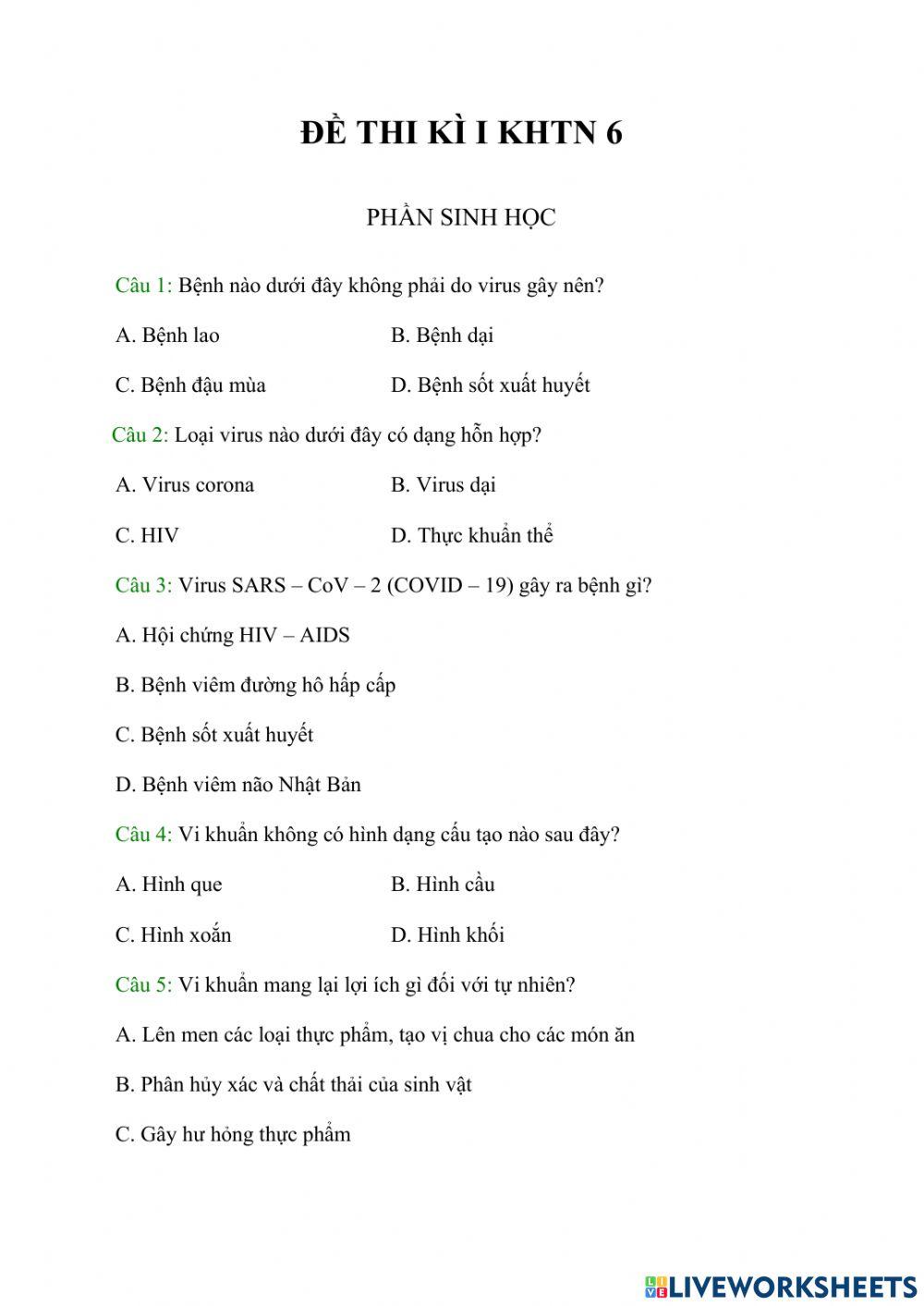 Khtn worksheet for 6 | Live Worksheets