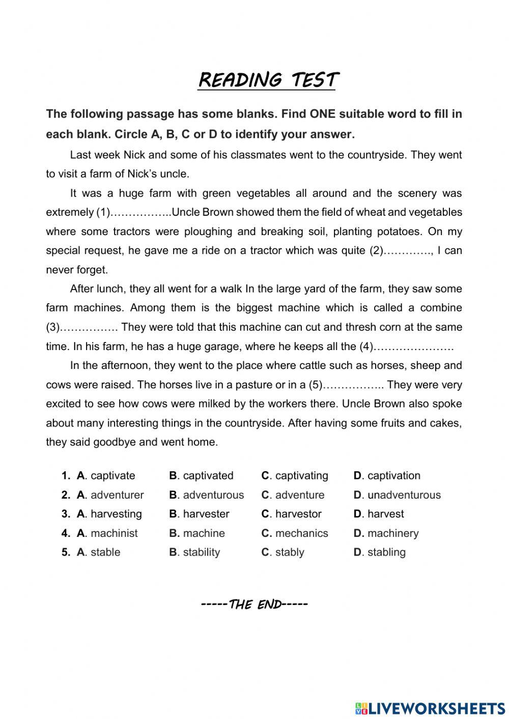 Reading test | Free Interactive Worksheets | 1764980