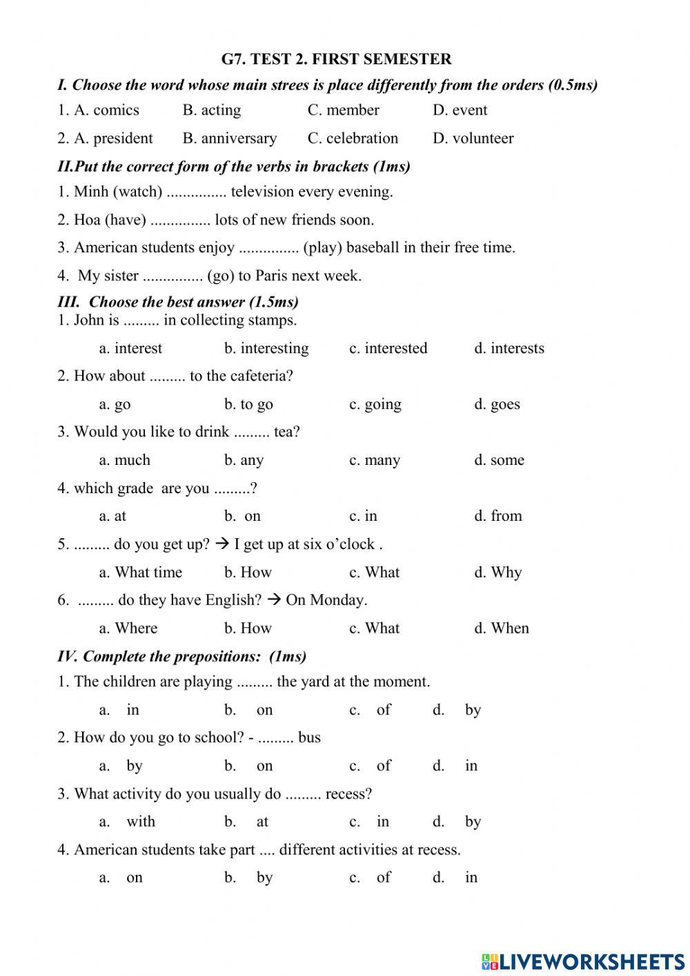 Grade 7 - final term 1 - test 2 worksheet | Live Worksheets