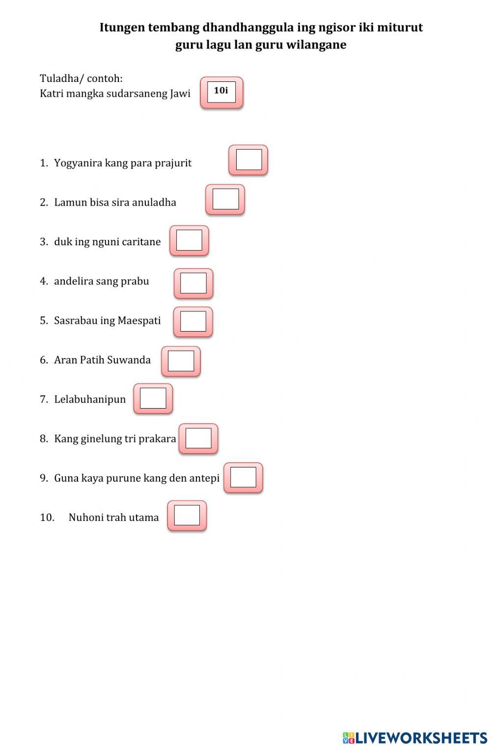 Tembang Dhandhanggula worksheet | Live Worksheets
