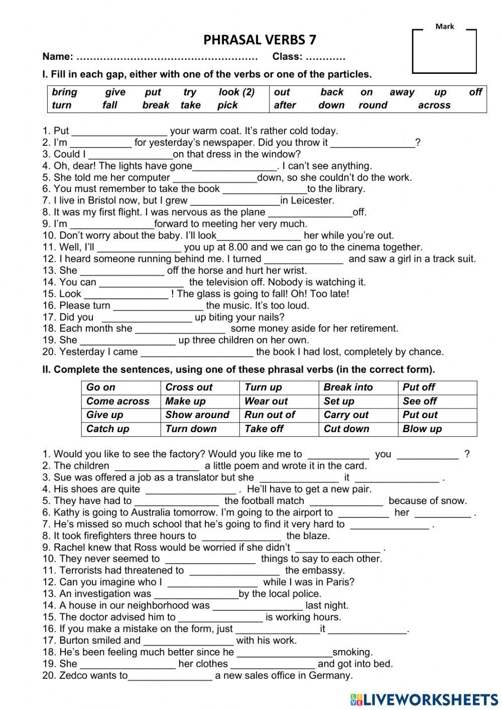 PHRASAL VERBS TEST 7 online exercise for | Live Worksheets