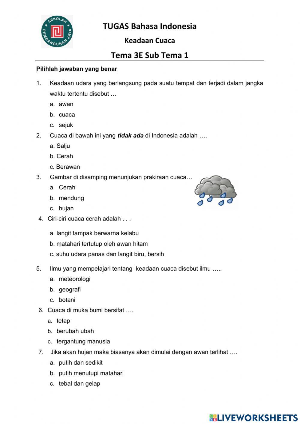 Cuaca dan ciri-cirinya worksheet | Live Worksheets
