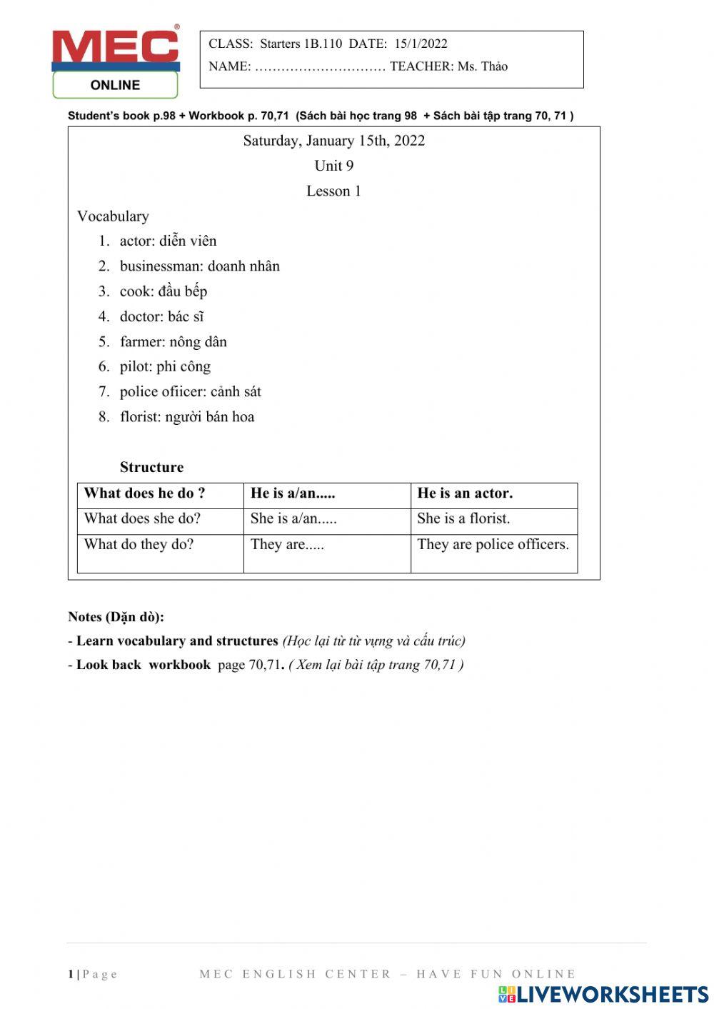 Starters 1B- Unit 9- Lesson 1 worksheet | Live Worksheets