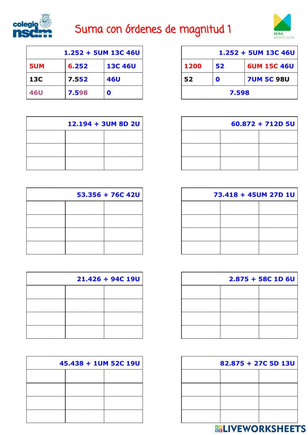 suma abn (órdenes de magnitud) worksheet | Live Worksheets