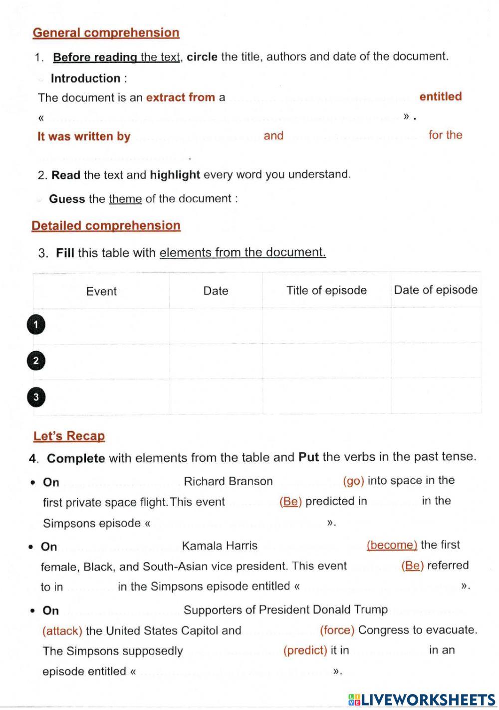 Predictions by the Simpsons online exercise for | Live Worksheets