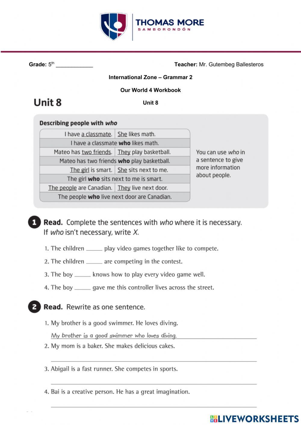 Unit 8: Grammar 1 online exercise for | Live Worksheets