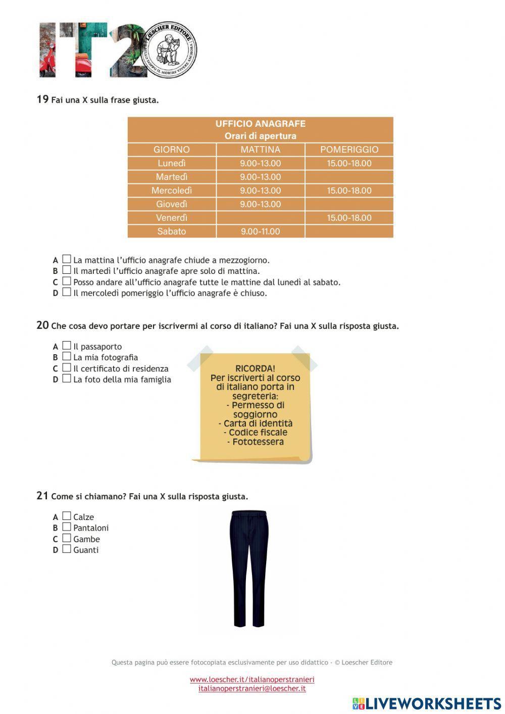 ITALIANO A2 TES… | Free Interactive Worksheets | 1790001