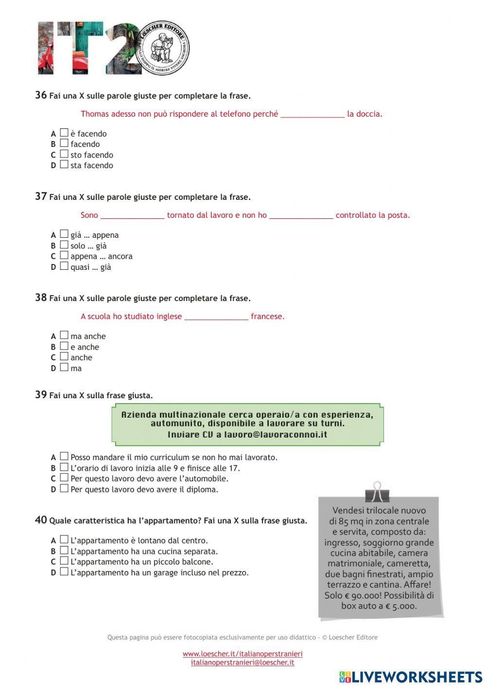 ITALIANO A2 TES… | Free Interactive Worksheets | 1790001