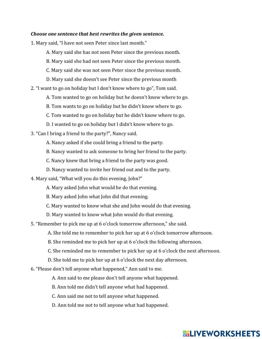 Reported Speech Mini Test online exercise for | Live Worksheets