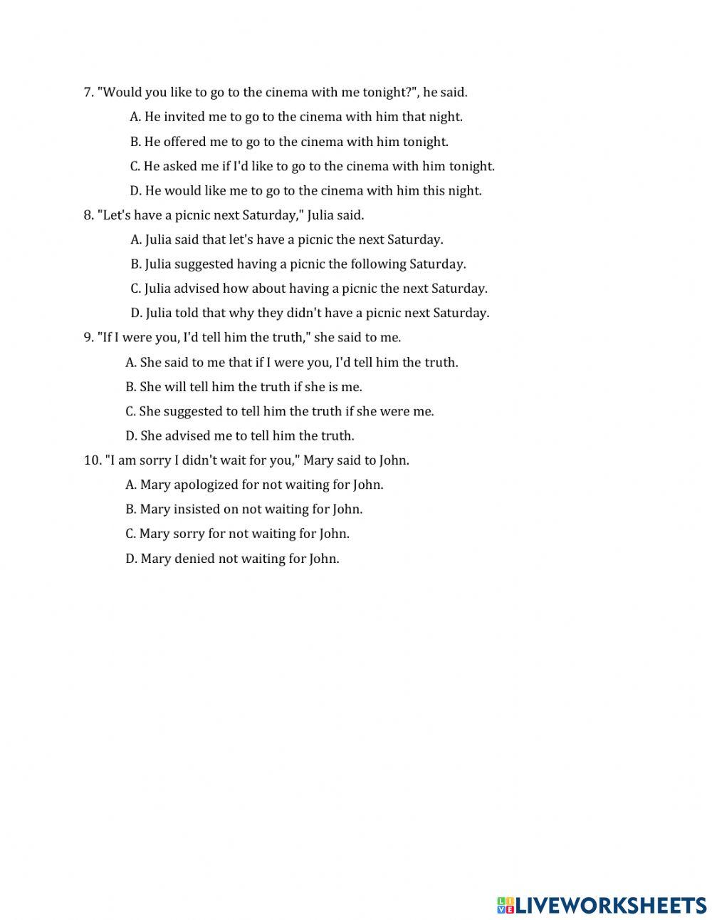 Reported Speech Mini Test online exercise for | Live Worksheets