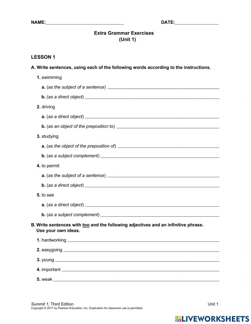 Extra grammar exercises Summit 1 unit 1 lesson 1 6809359