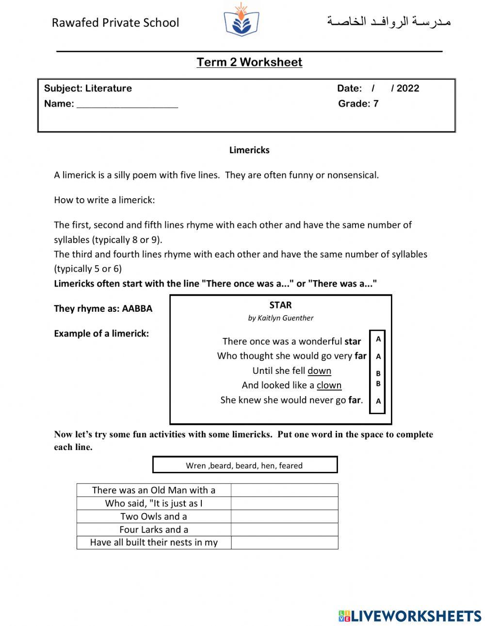 Limericks Works… | Free Interactive Worksheets | 5274951