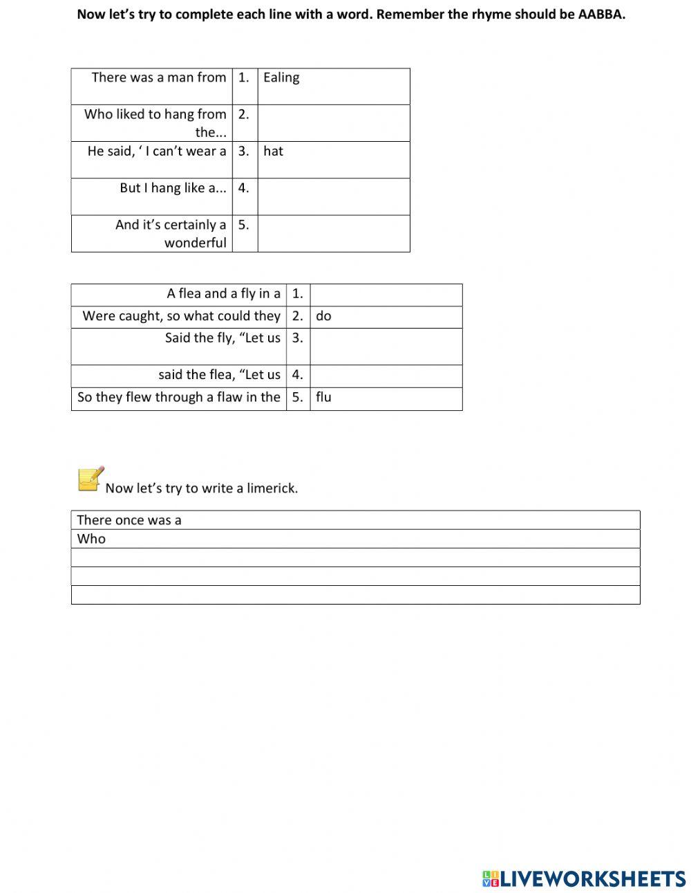 Limericks Works… | Free Interactive Worksheets | 5274951