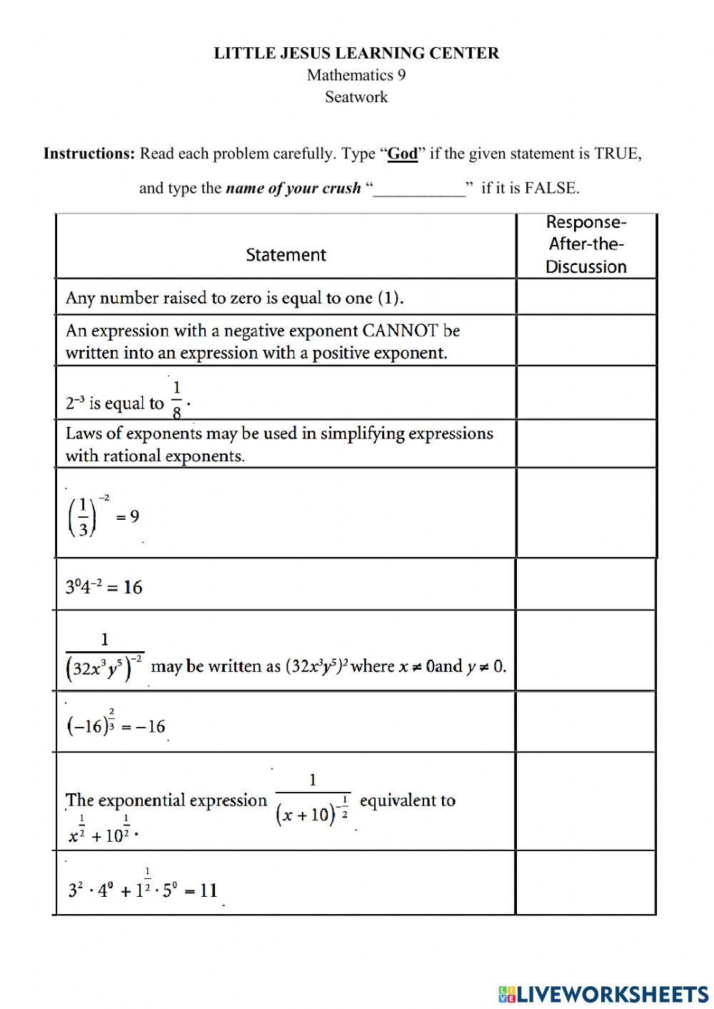 Seatwork g9 (Integral Exponents) online exercise for | Live Worksheets