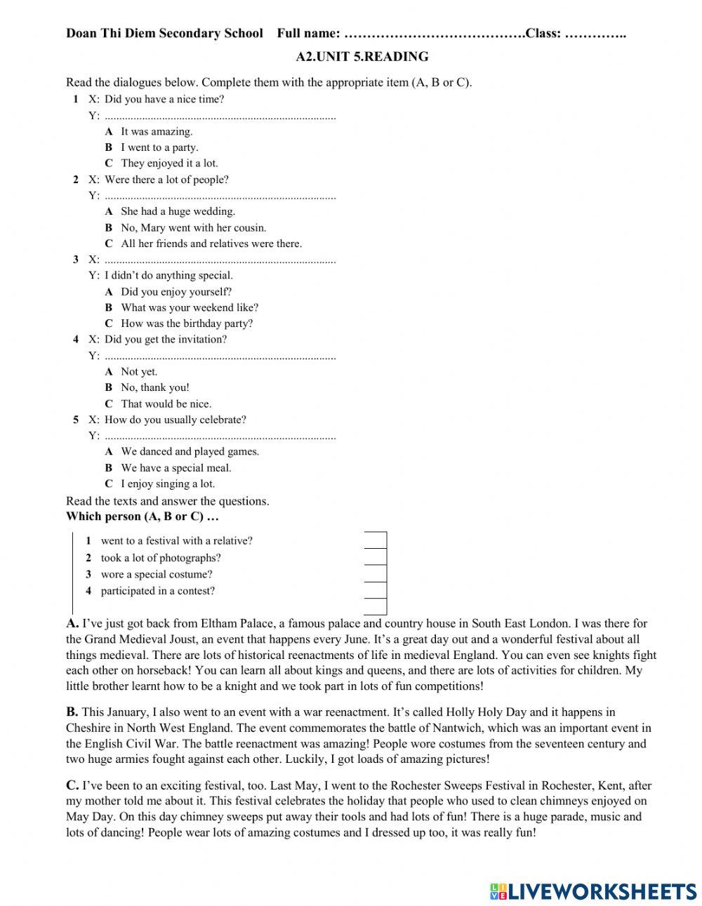 A2.Unit5.Reading online exercise for | Live Worksheets