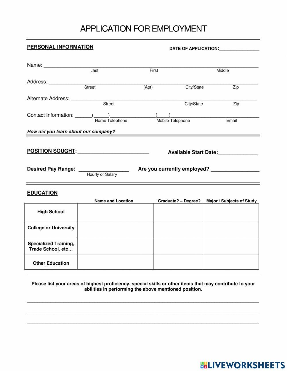 Application Form online exercise for | Live Worksheets