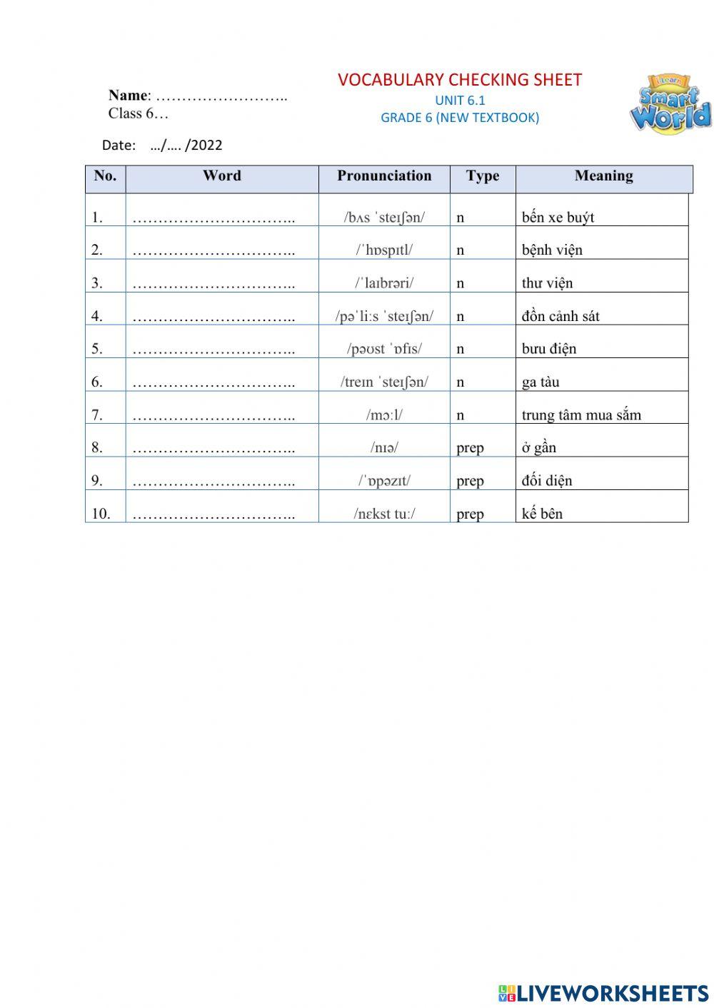 Unit 6- Lesson 1- checking vocab No.1 worksheet | Live Worksheets