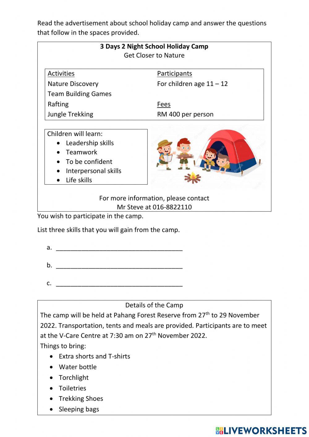 Holiday Camp worksheet | Live Worksheets