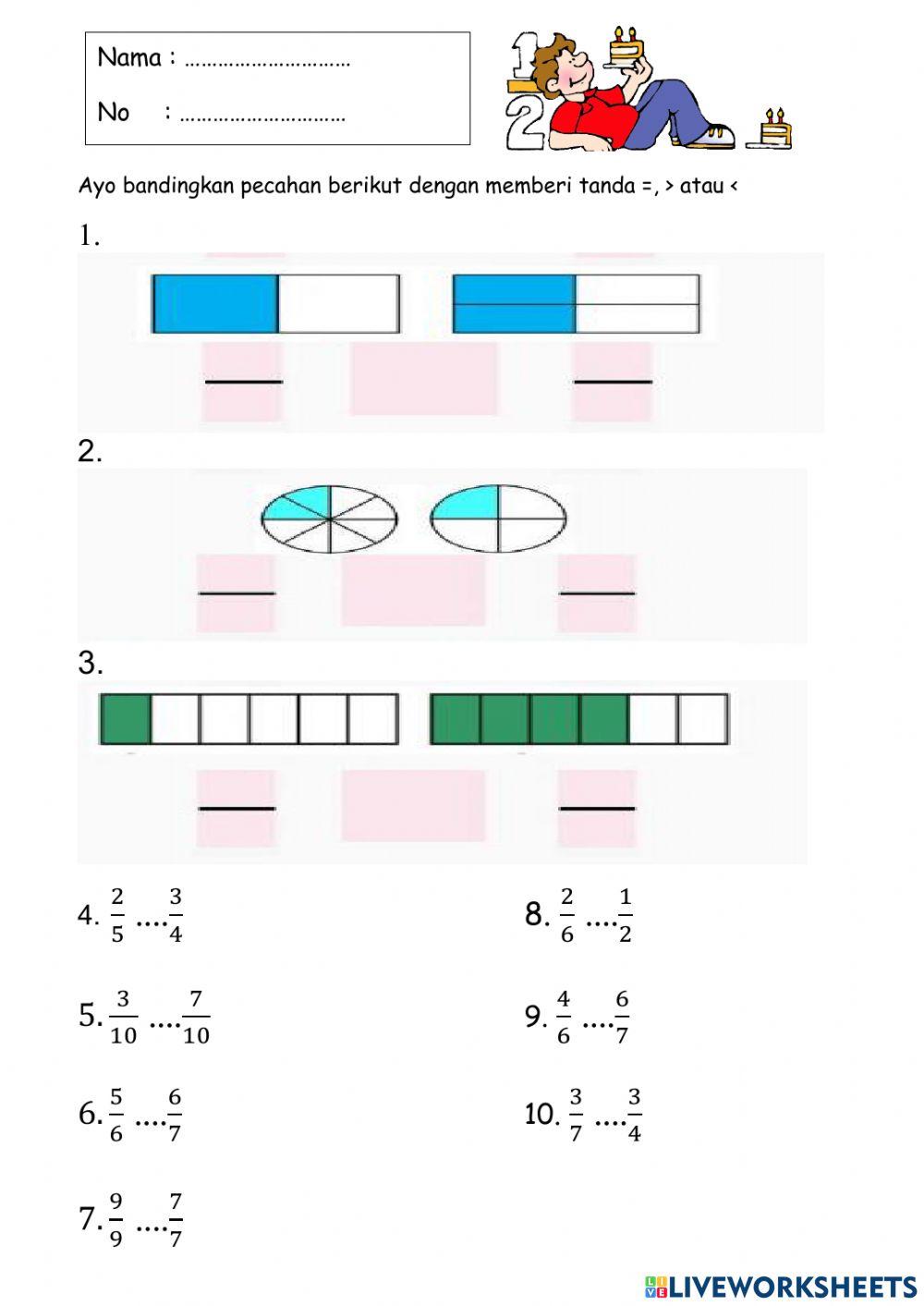 Membandingkan Pecahan worksheet for Grade 3 | Live Worksheets