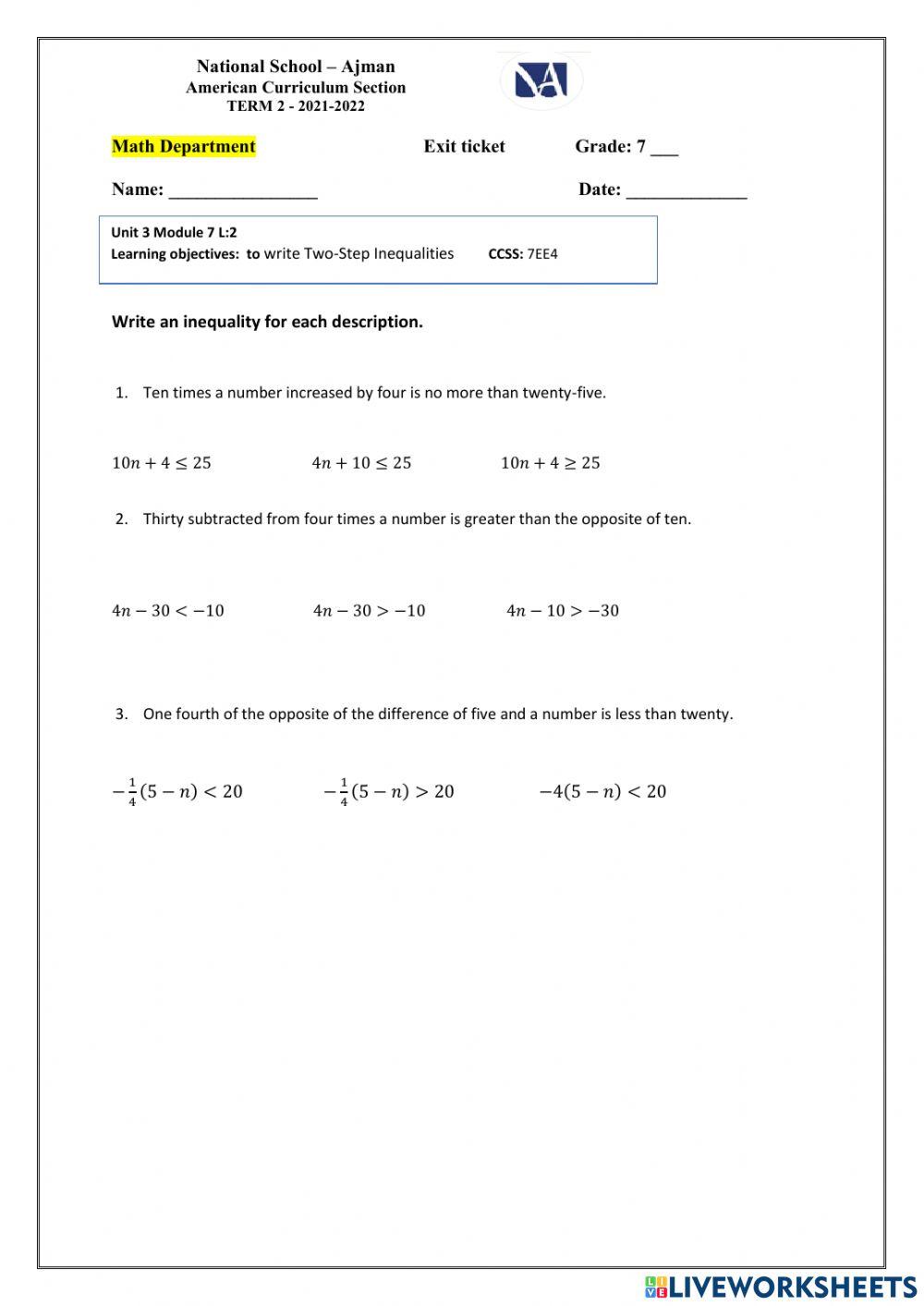 m7L2EXIT TICKET online exercise for | Live Worksheets