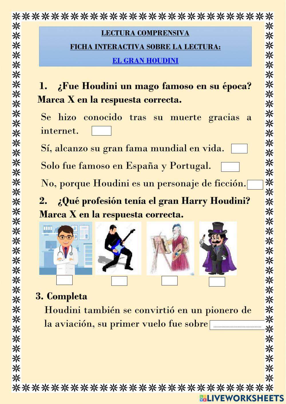 Lectura comprensiva-el gran houdini worksheet | Live Worksheets