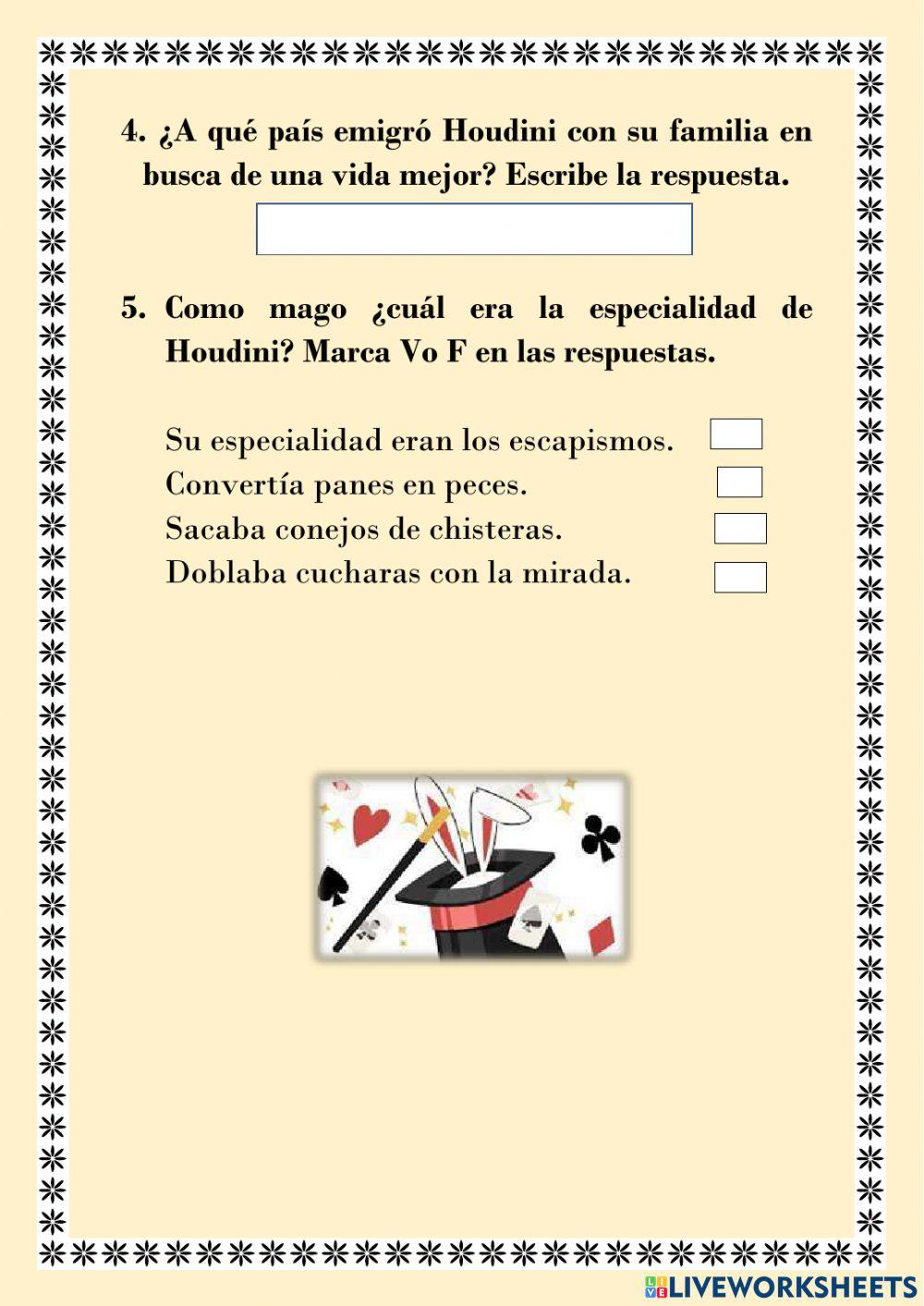 Lectura comprensiva-el gran houdini worksheet | Live Worksheets