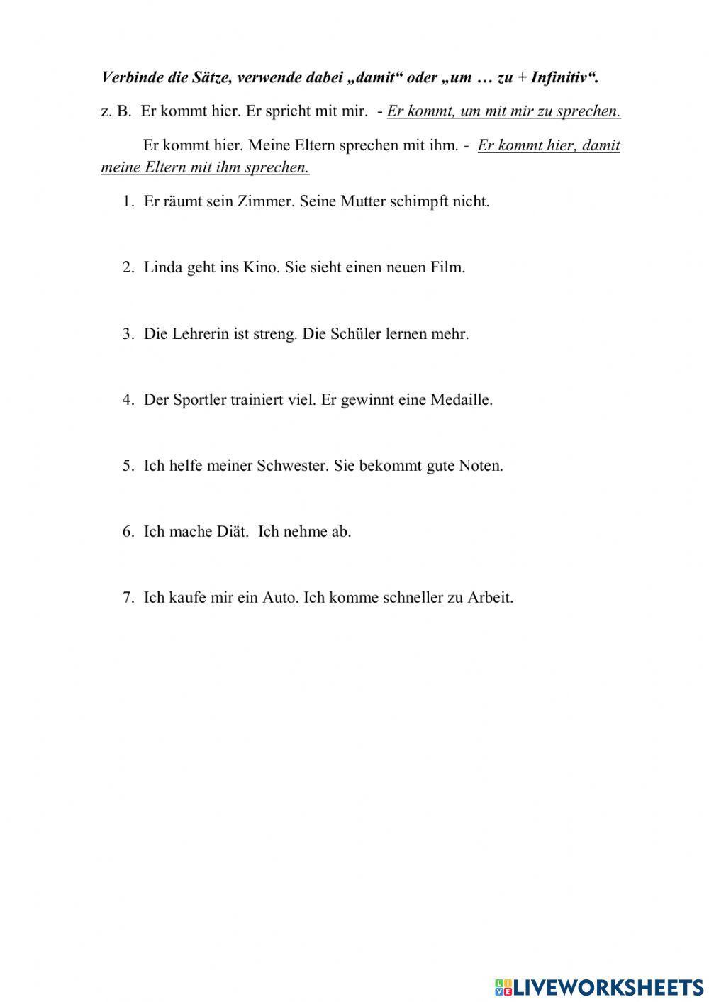 Damit oder um… | Free Interactive Worksheets | 1788393