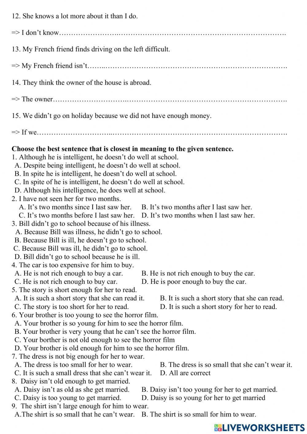 Sentence transformation 2 worksheet | Live Worksheets