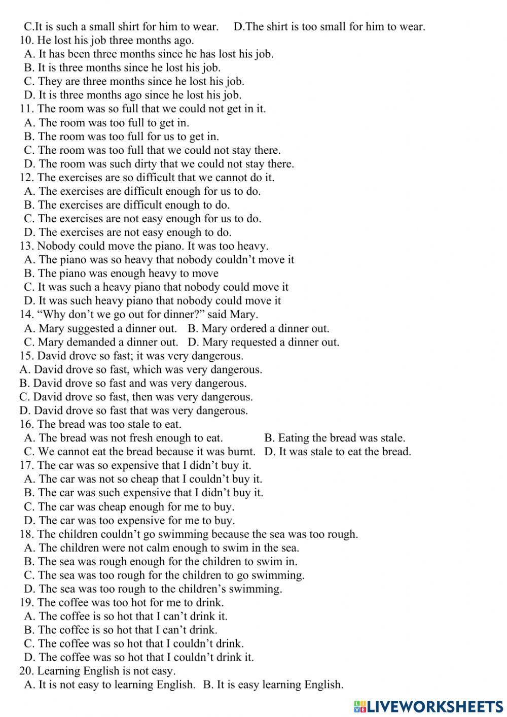 Sentence transformation 2 worksheet | Live Worksheets