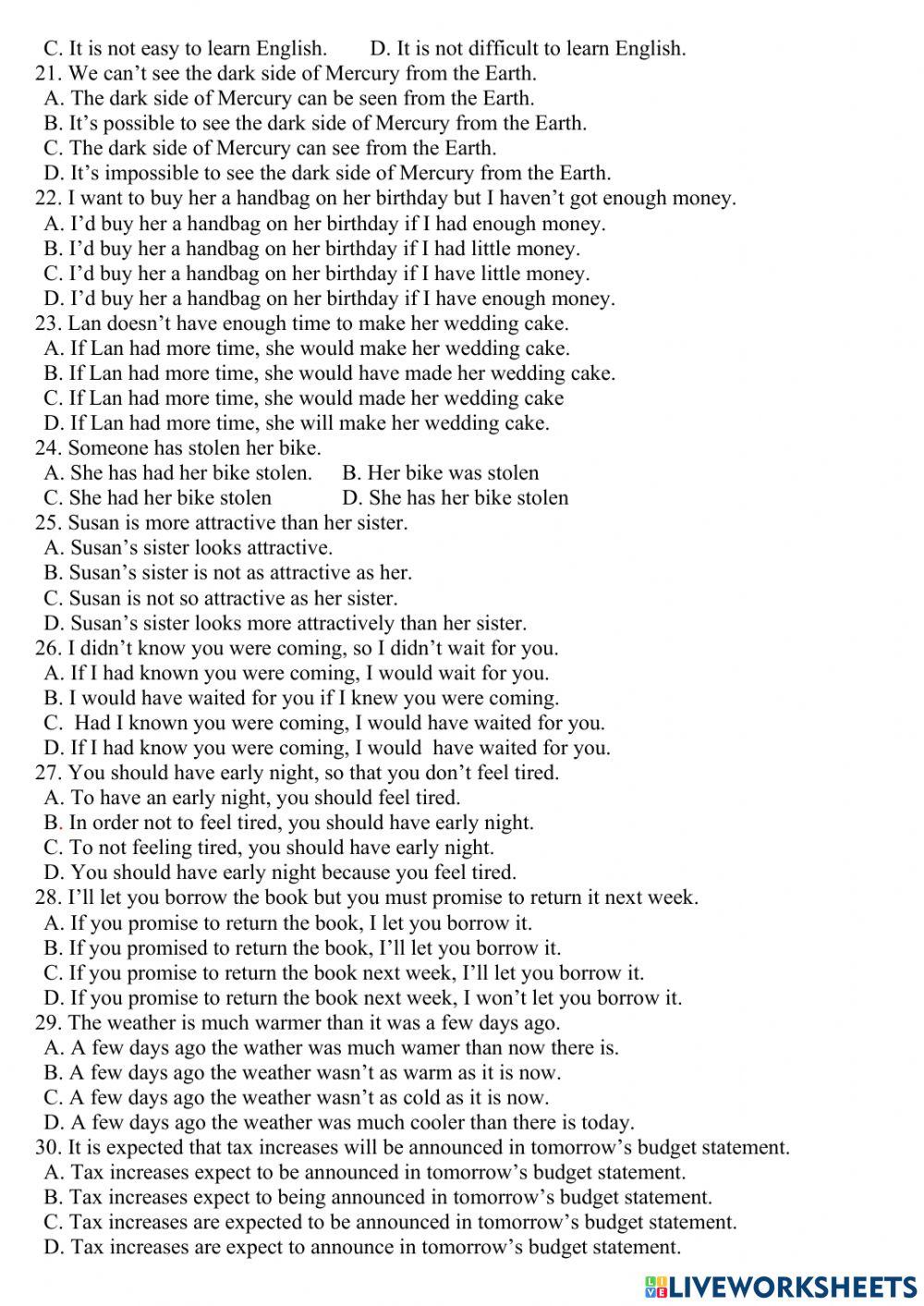 Sentence transformation 2 worksheet | Live Worksheets