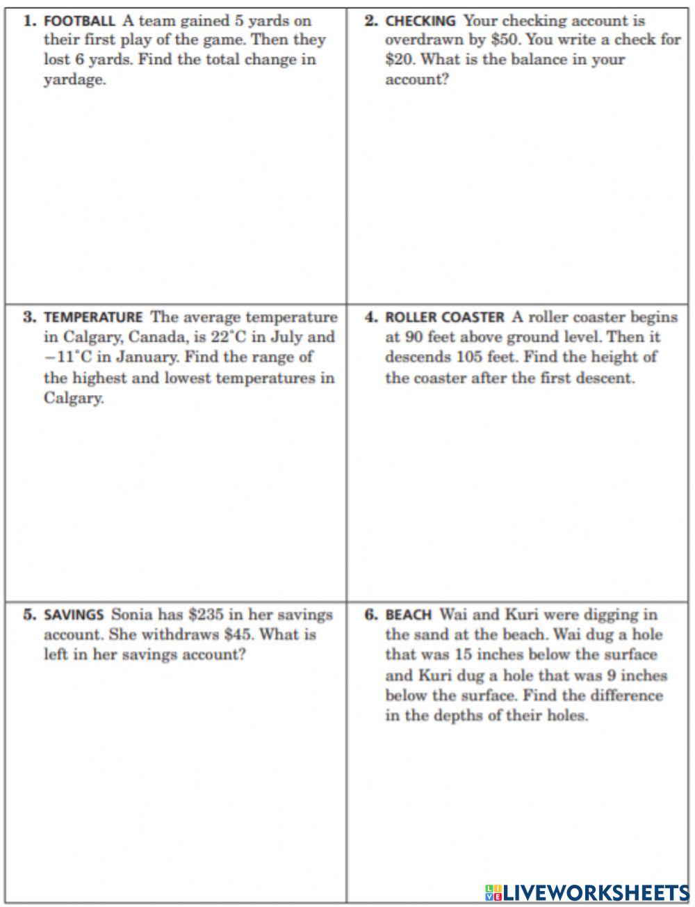 subtracting integers worksheet word problems