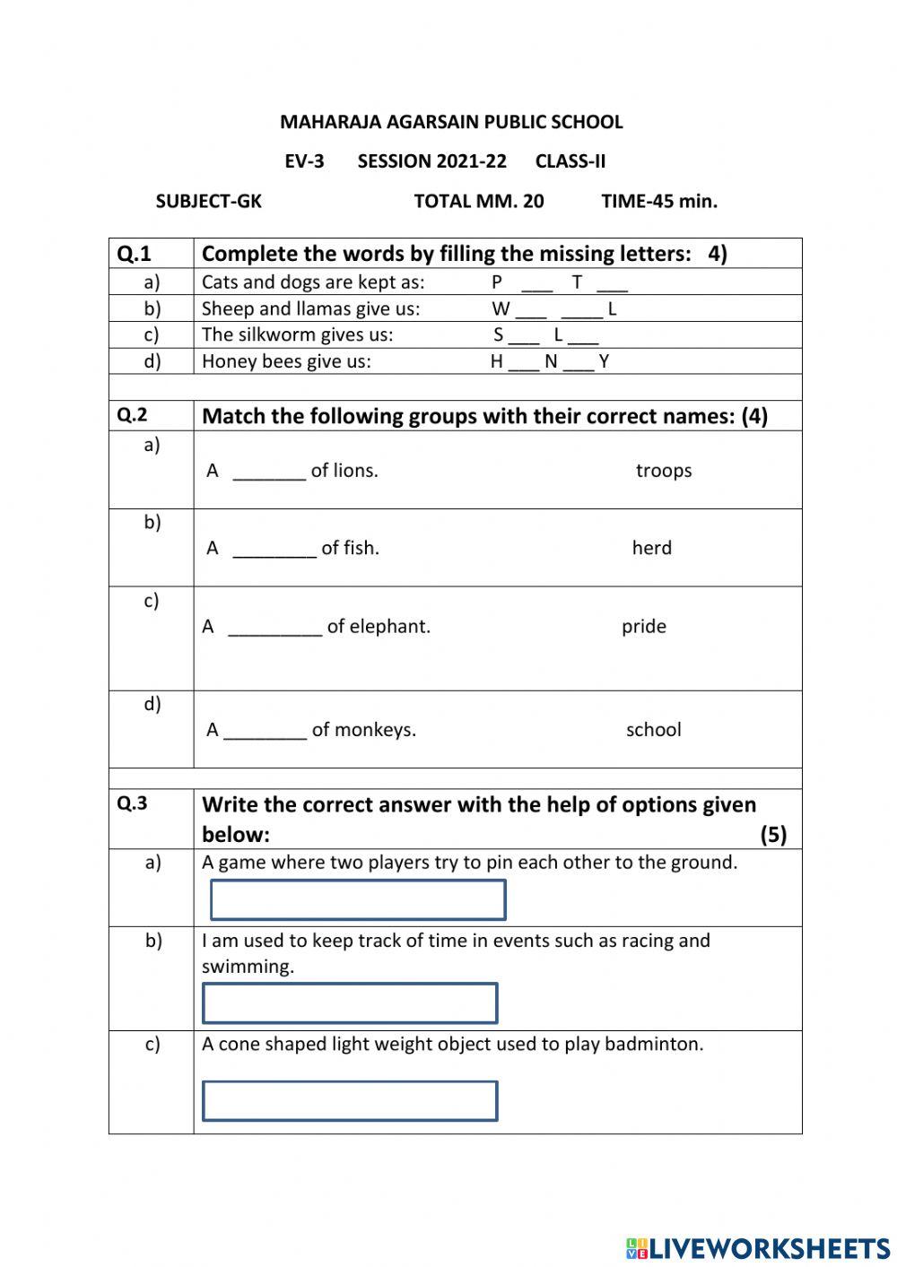 MAHARAJA AGARSAIN PUBLIC SCHOOL online exercise for | Live Worksheets