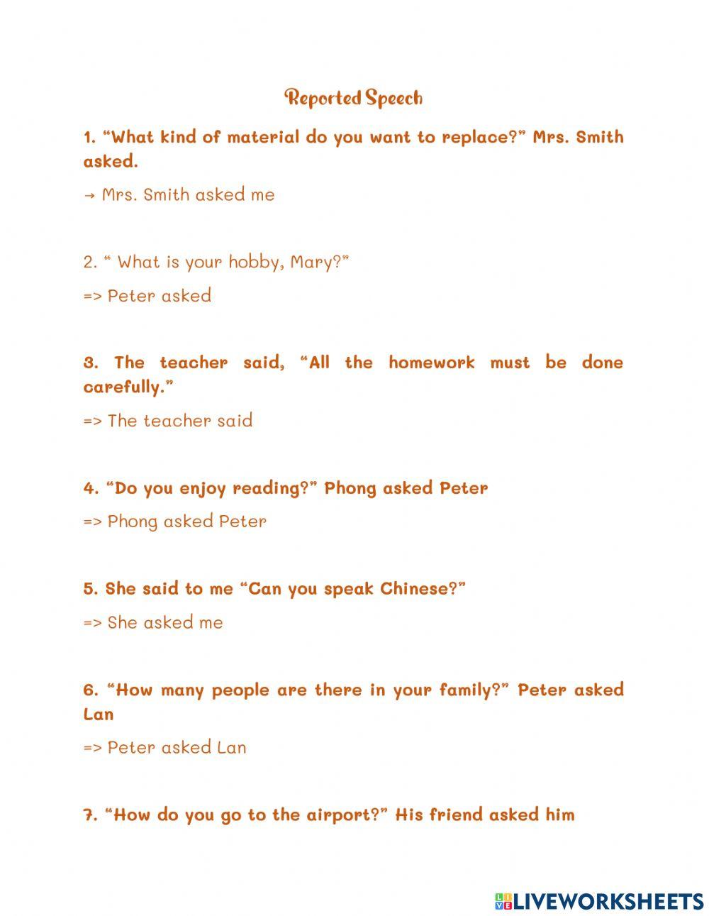 REPORTED SPEECH - GRADE 9 - REVIEW 4108914 | Mai Pham