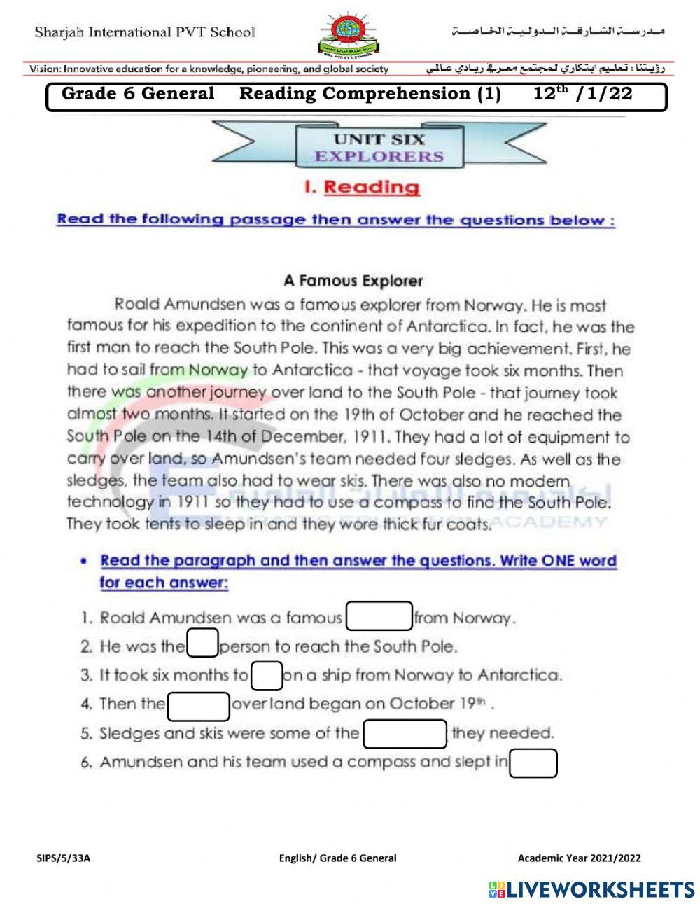 U6 Reading w.sh 1 G6 online exercise for | Live Worksheets