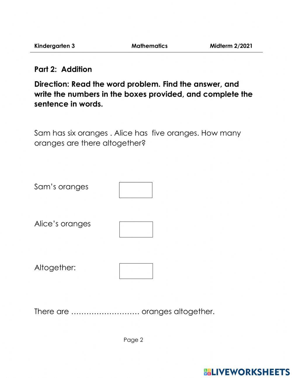 KG 3 MID TERM 2 ASSESSMENT - MATH online exercise for | Live Worksheets