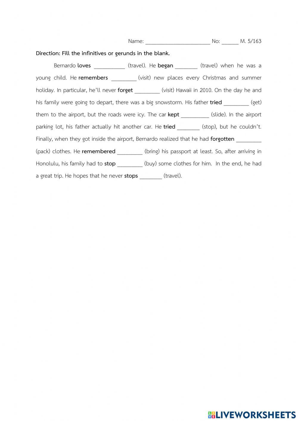 Exercise unit 9-infinitives and gerunds online exercise for | Live ...