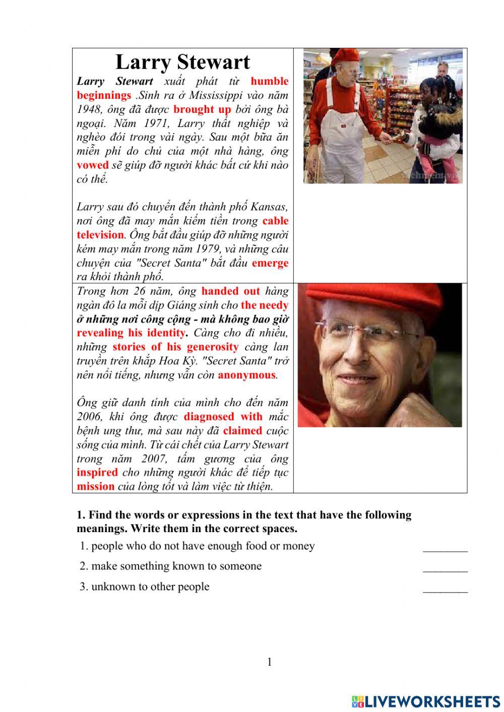 Unit 1: k12 Reading: Larry Stewart and Thanh Thúy worksheet | Live ...