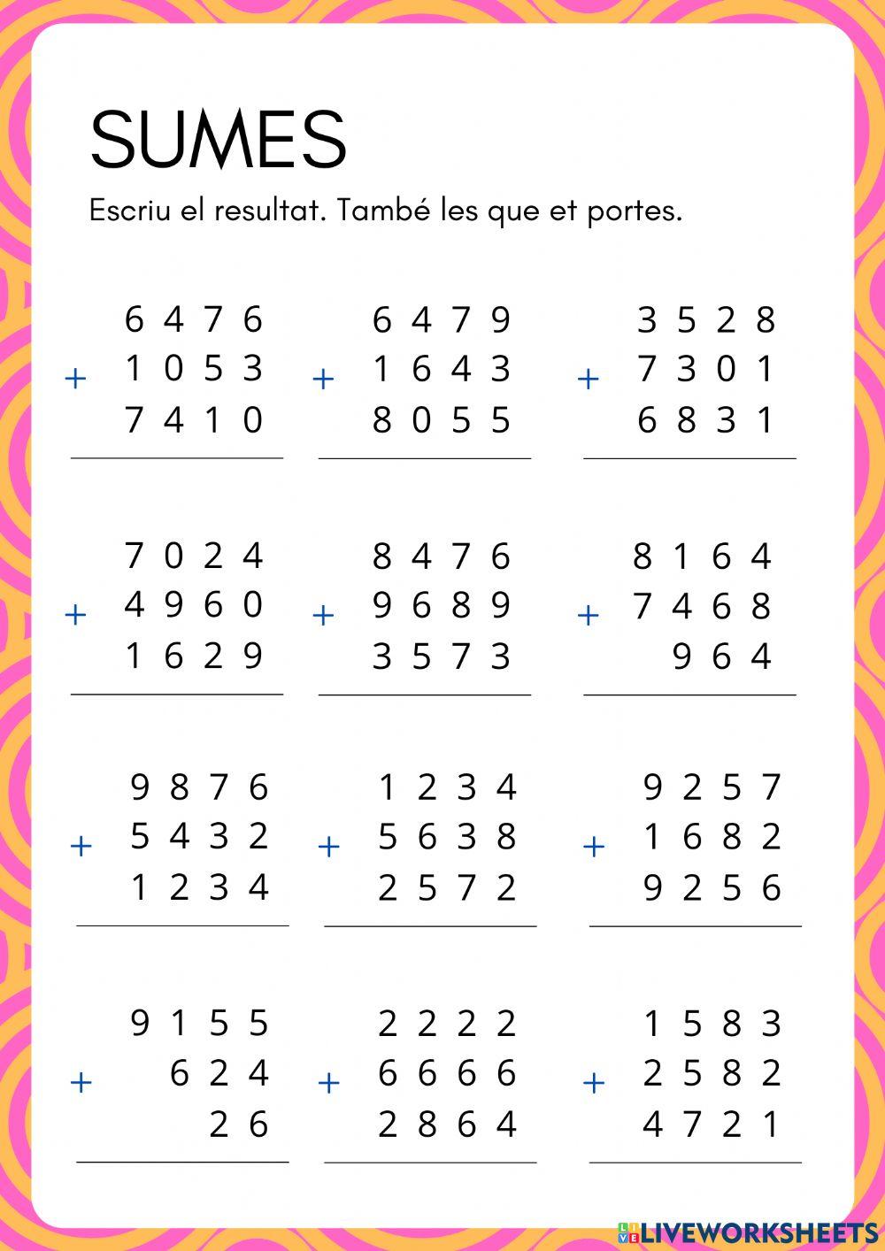 Sumes de 3 números portant-ne worksheet | Live Worksheets