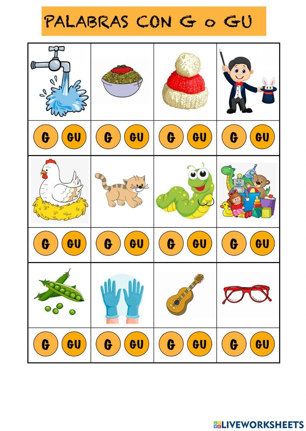 Palabras con g y gu interactive worksheet | Live Worksheets