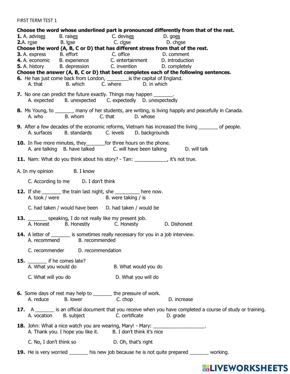 Grade 12 first term test 1 worksheet | Live Worksheets