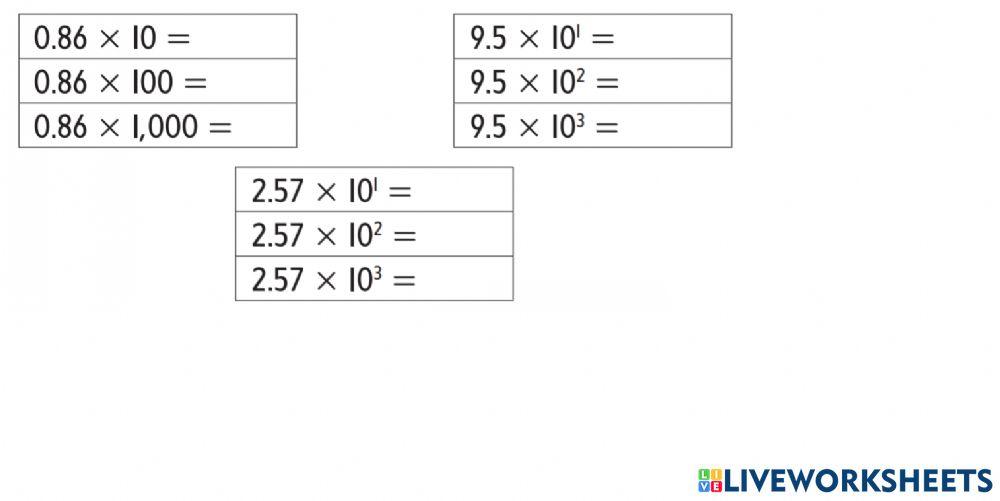 Multiply decimals to power of tens worksheet | Live Worksheets