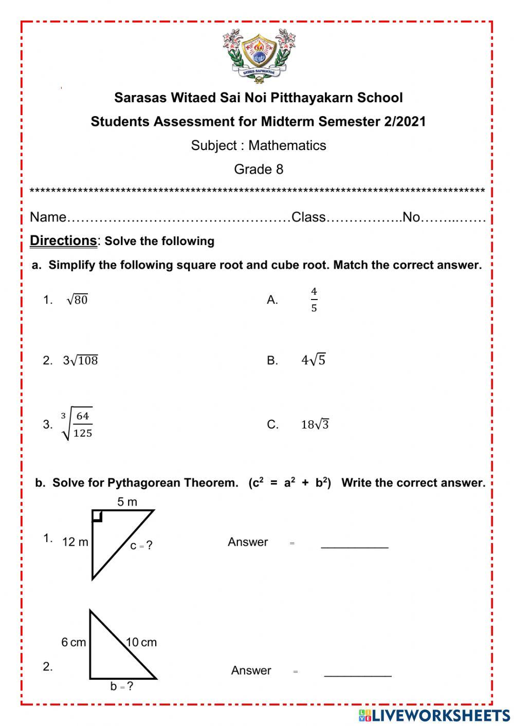 Midterm Assessment interactive activity for Grade 8 | Live Worksheets