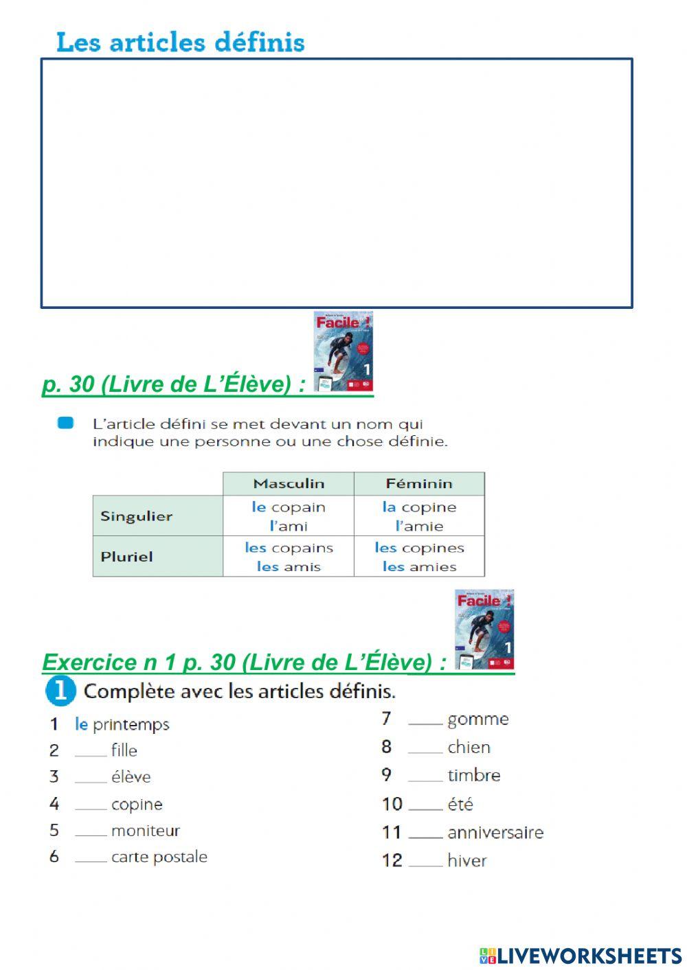 Samedi 15 janvier EB 6 Les articles définis online exercise for | Live ...