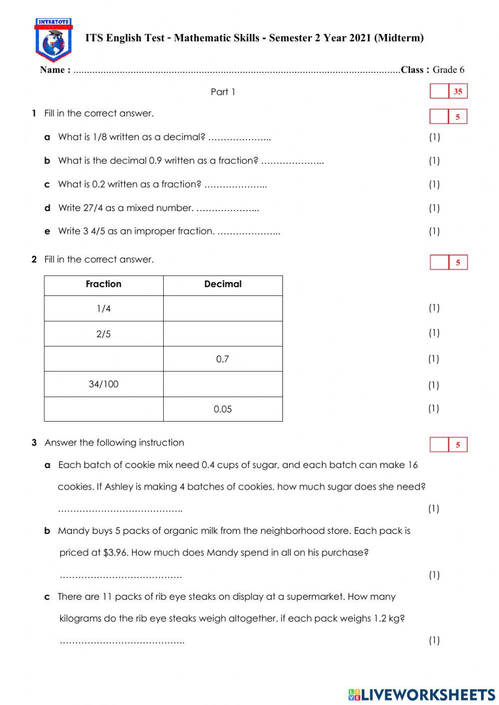 Grade 6-midterm-part 1 online exercise for | Live Worksheets