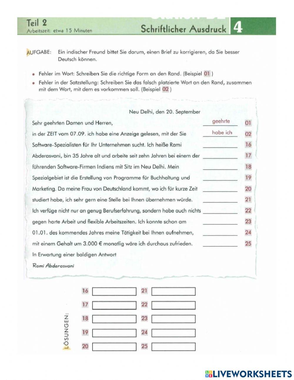 Schriftlicher Ausdruck activity | Live Worksheets