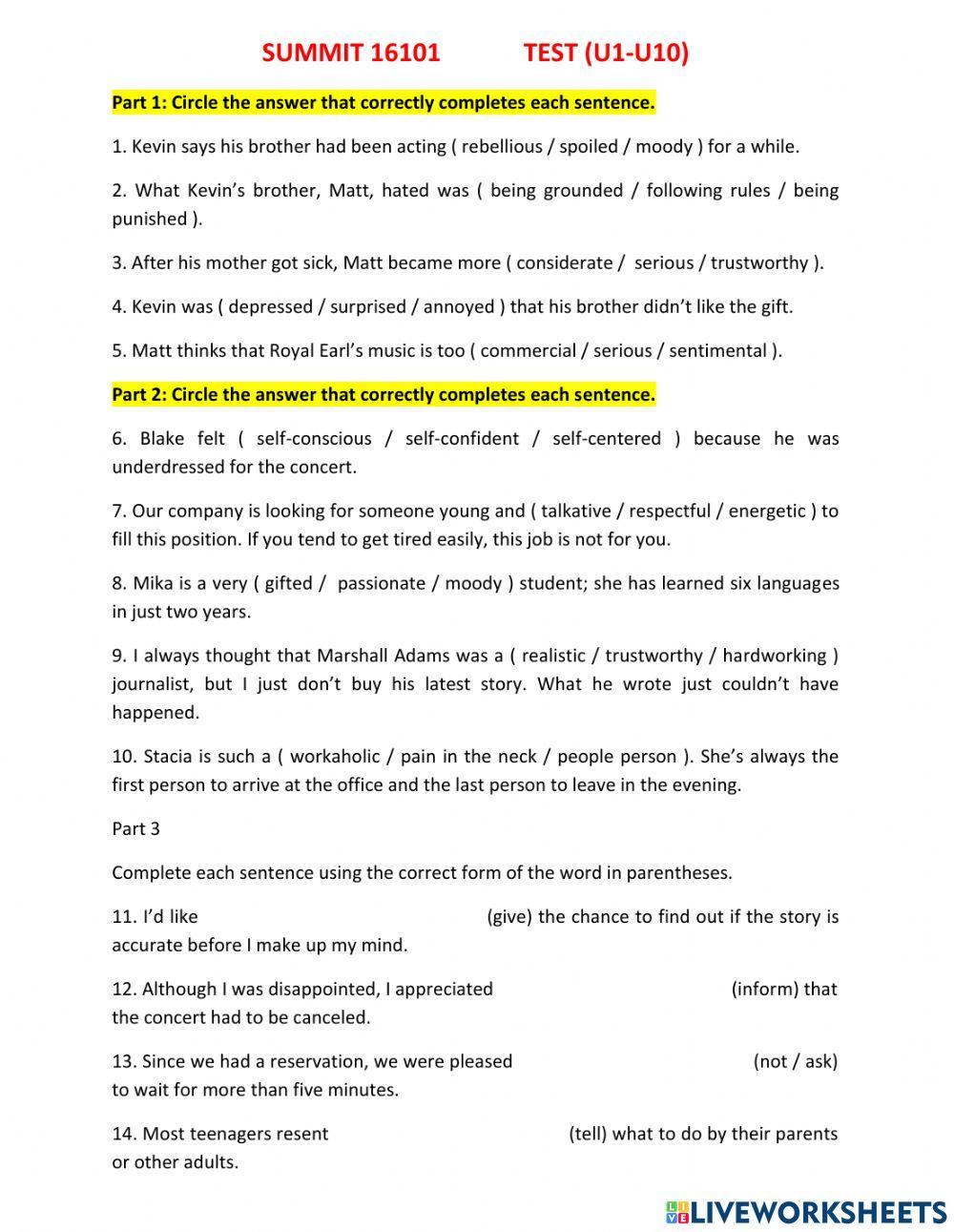 Summit 1 interactive worksheet | Live Worksheets