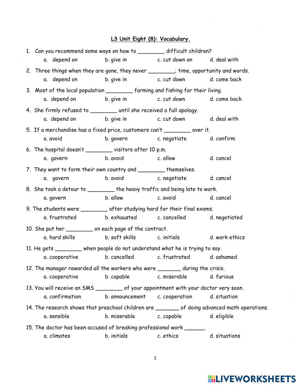 Unit Eight (8) Vocabulary. worksheet | Live Worksheets